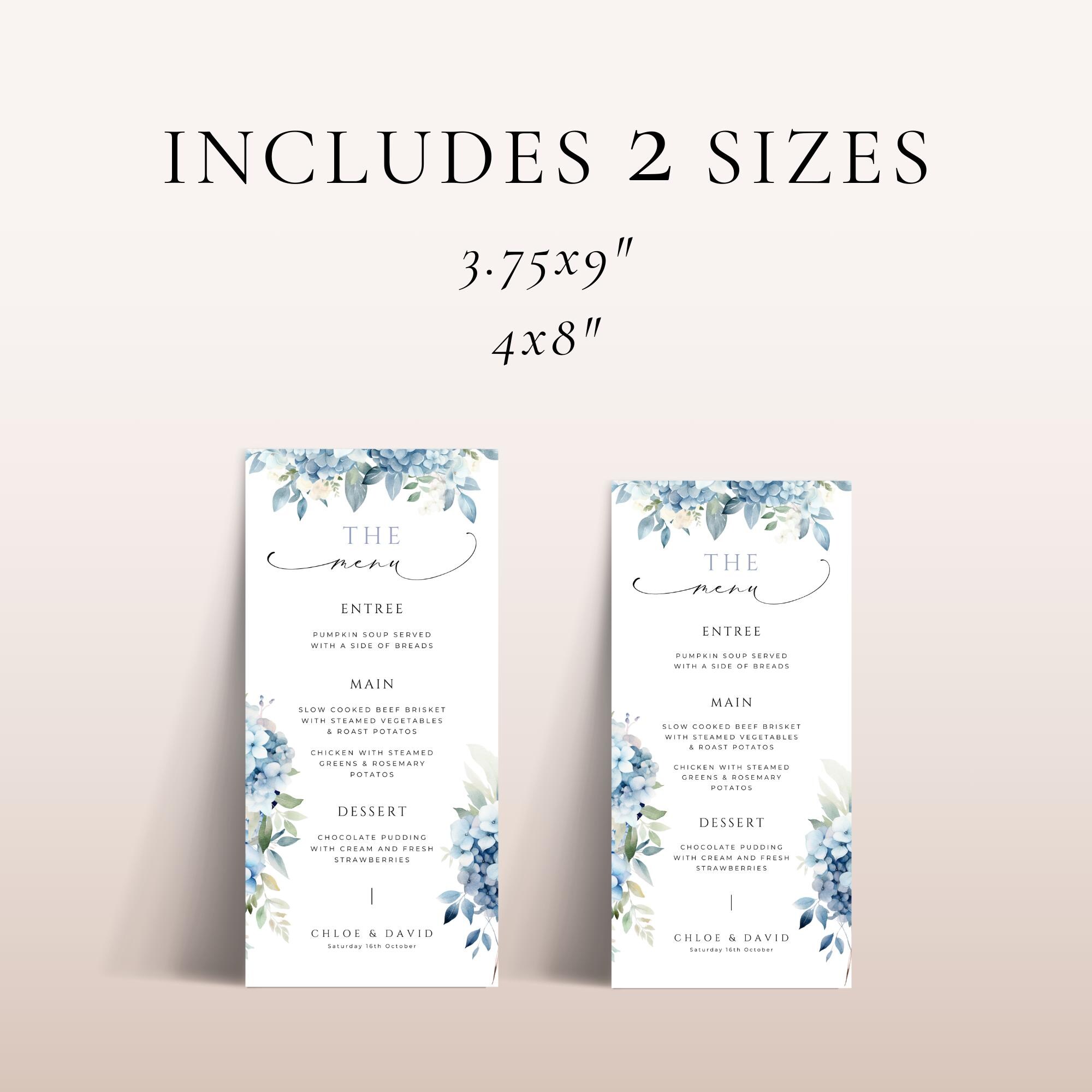 Blue Hydrangea Wedding Menu, INSTANT DOWNLOAD, Dusty Blue Menu Card, Canva Template, Intimate ...