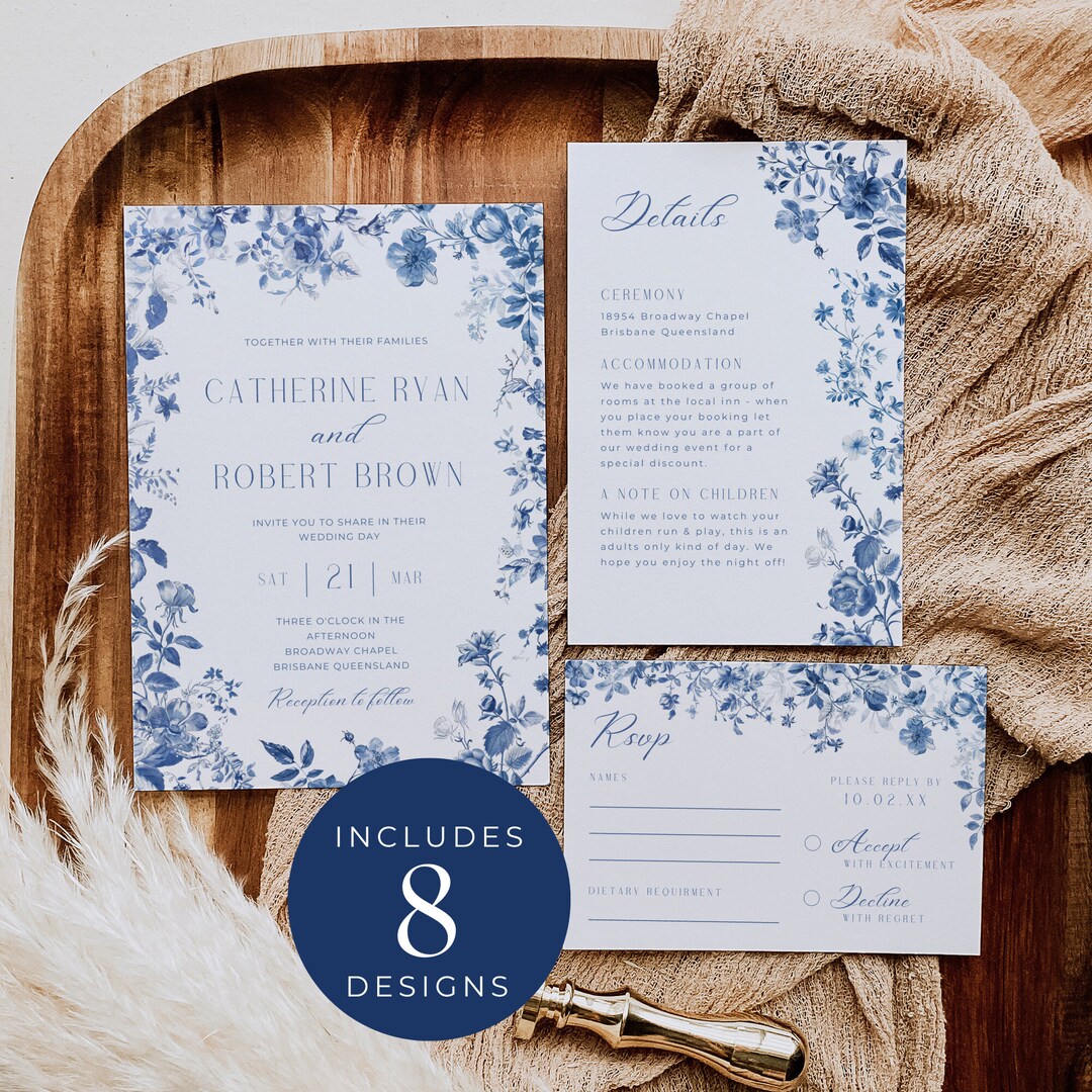 Blue Toile Invitation Suite, INSTANT DOWNLOAD, French Toile Wedding ...