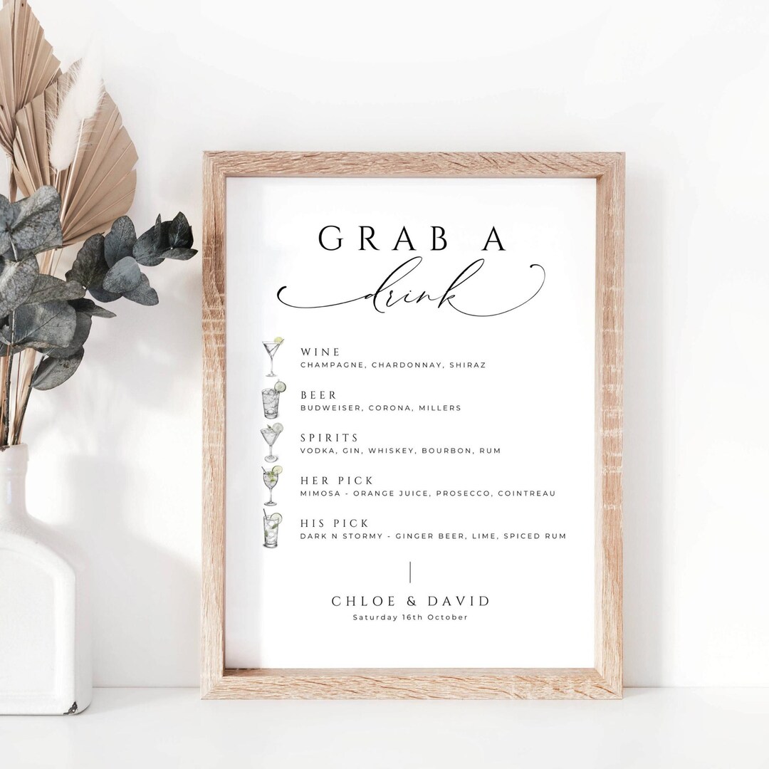Grab A Drink Wedding Sign, INSTANT DOWNLOAD, Bar Menu Beer Wine, Drinks ...