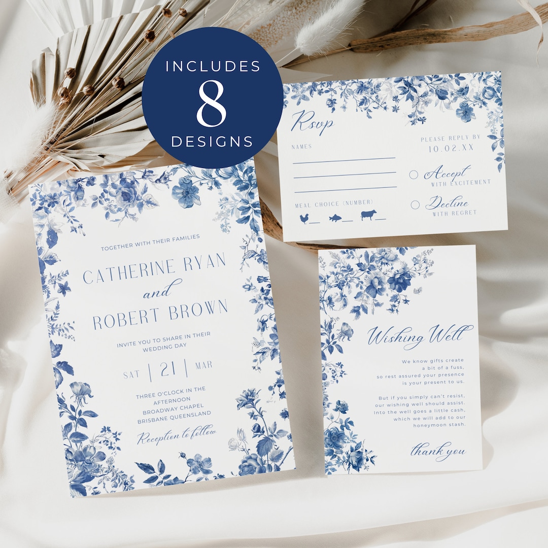 French Toile Wedding Invite, INSTANT DOWNLOAD, Blue Toile Invitation ...
