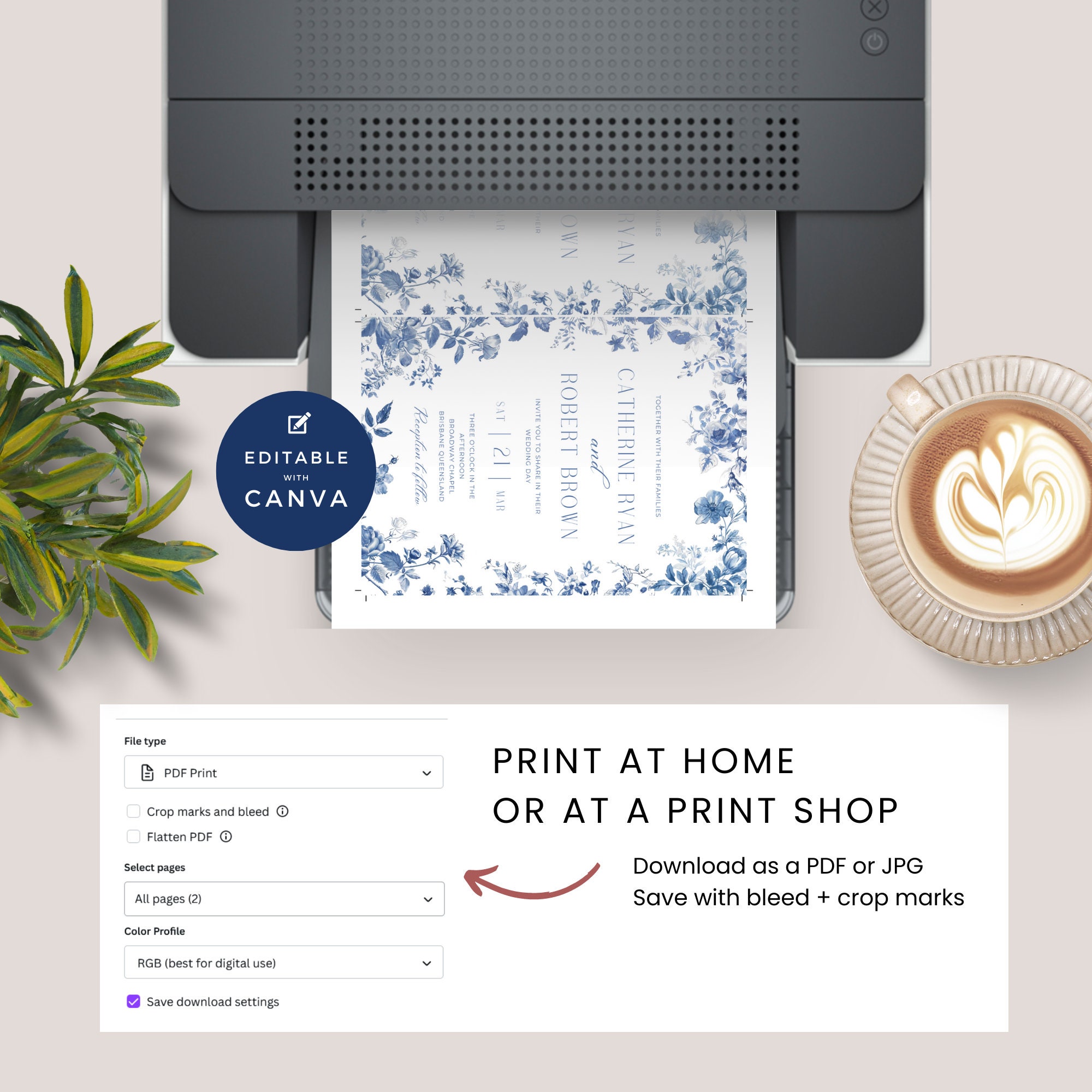 French Toile Wedding Invite, INSTANT DOWNLOAD, Blue Toile Invitation ...