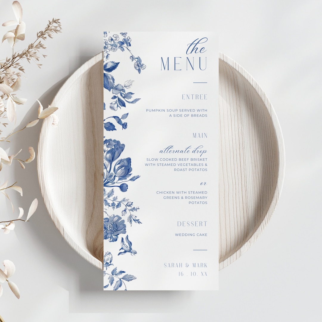Blue Toile Menu, INSTANT DOWNLOAD, Menu Template Thin, Menu Selection ...
