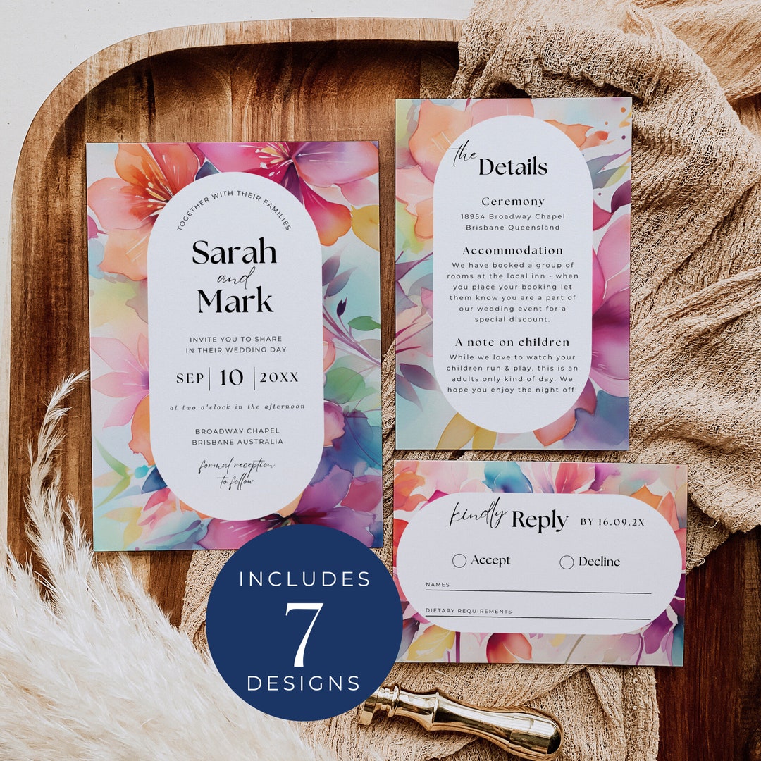 Bright Colorful Wedding Invitation Suite, INSTANT DOWNLOAD, Floral ...