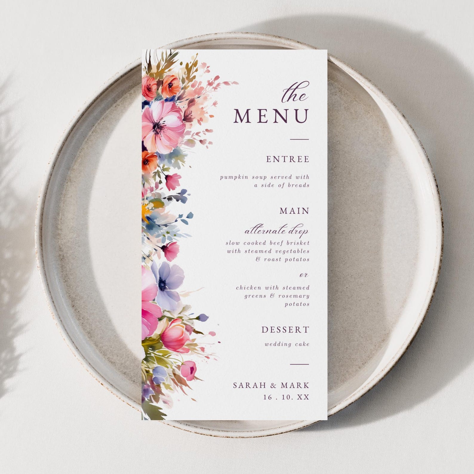 Bright Floral Wedding Menu, INSTANT DOWNLOAD, Menu Template Thin, Menu ...
