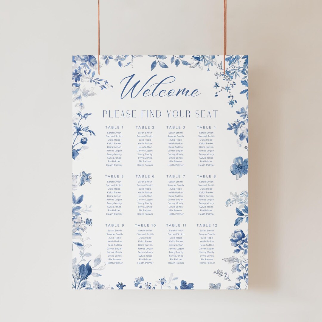Blue Chinoiserie Seating Chart, INSTANT DOWNLOAD, Dusty Blue Flowers ...
