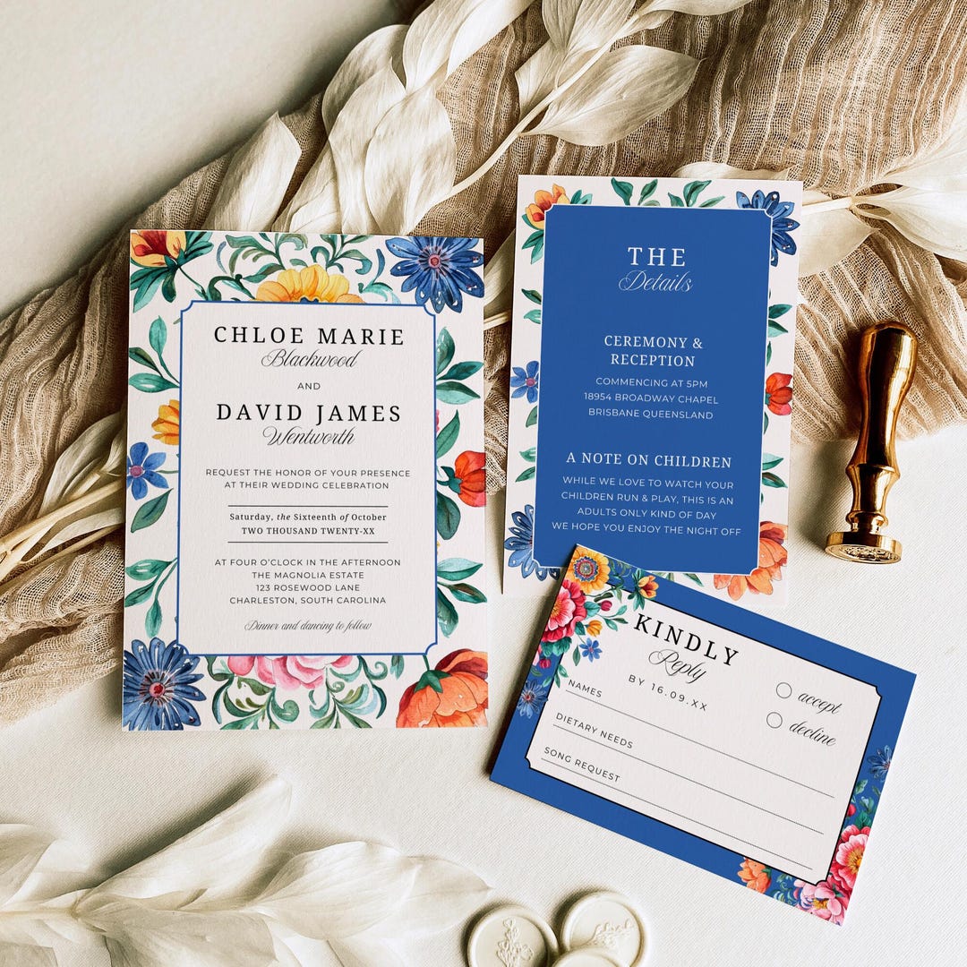 Mexican Floral Tile Wedding Invitation Suite, INSTANT DOWNLOAD ...