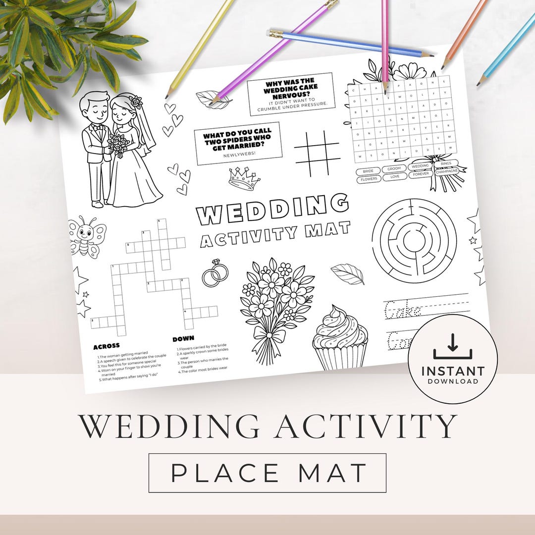 Printable Wedding Place Mat, Activity Mat for Children, Coloring ...
