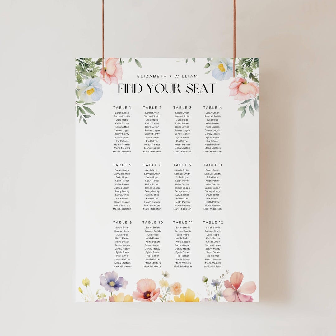 Wildflower Seating Chart Template, INSTANT DOWNLOAD, Colorful Flowers ...