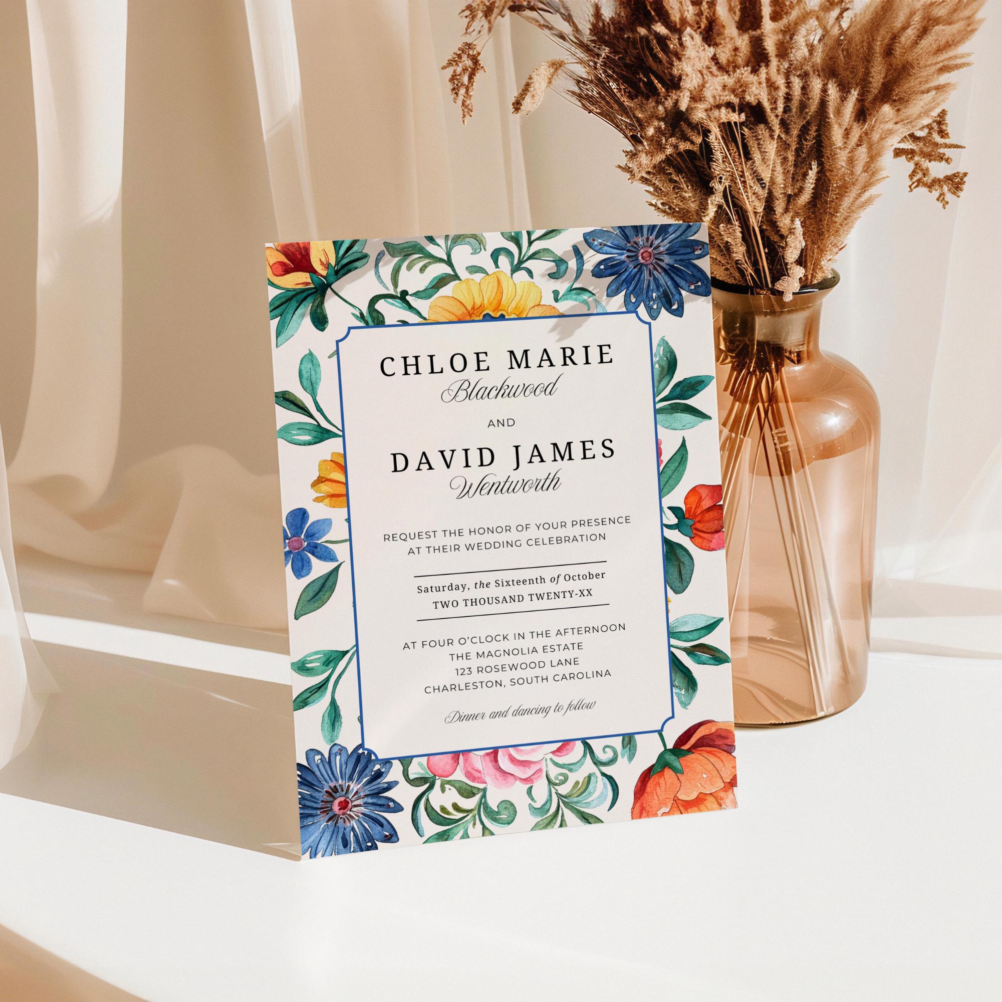 Mexican Floral Tile Wedding Invitation Suite, INSTANT DOWNLOAD ...