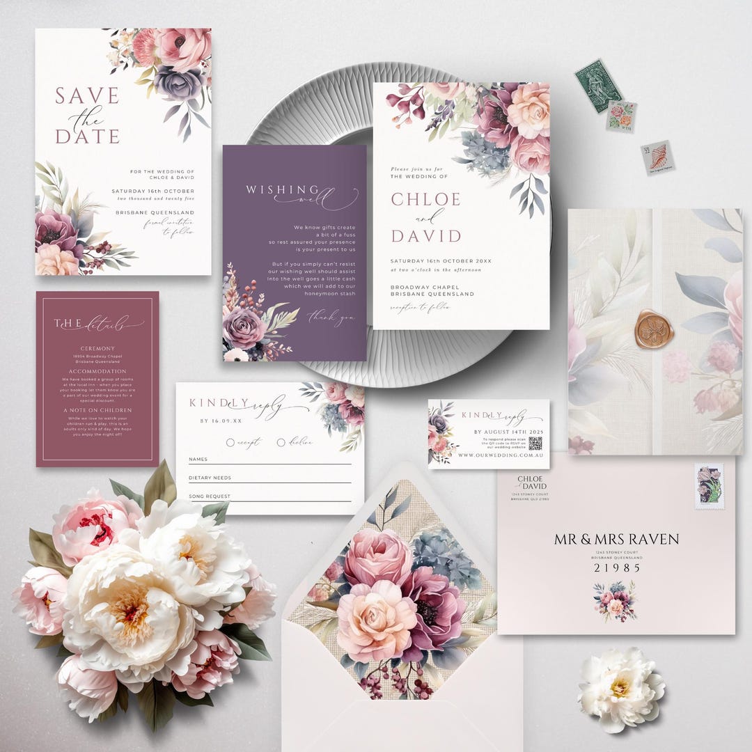 Dusty Pink and Purple Wedding Invitation Suite, INSTANT DOWNLOAD ...