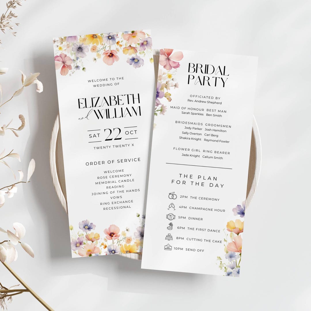 Wildflower Wedding Program Template, INSTANT DOWNLOAD, Order of Service ...