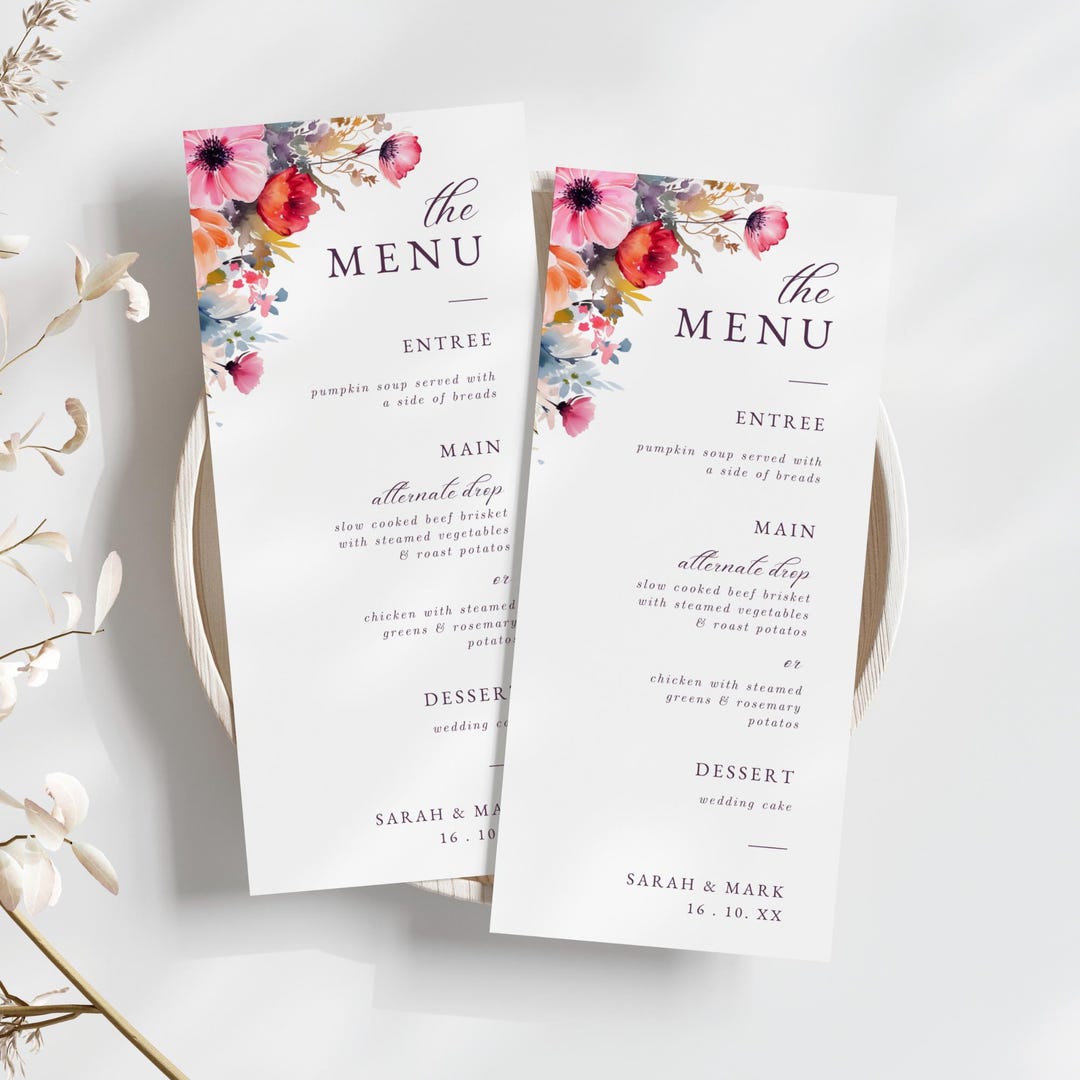 Bright Floral Wedding Menu, INSTANT DOWNLOAD, Menu Template Thin, Menu ...