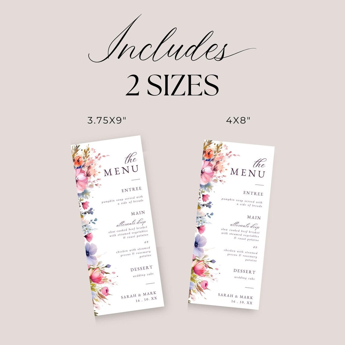 Bright Floral Wedding Menu, INSTANT DOWNLOAD, Menu Template Thin, Menu ...