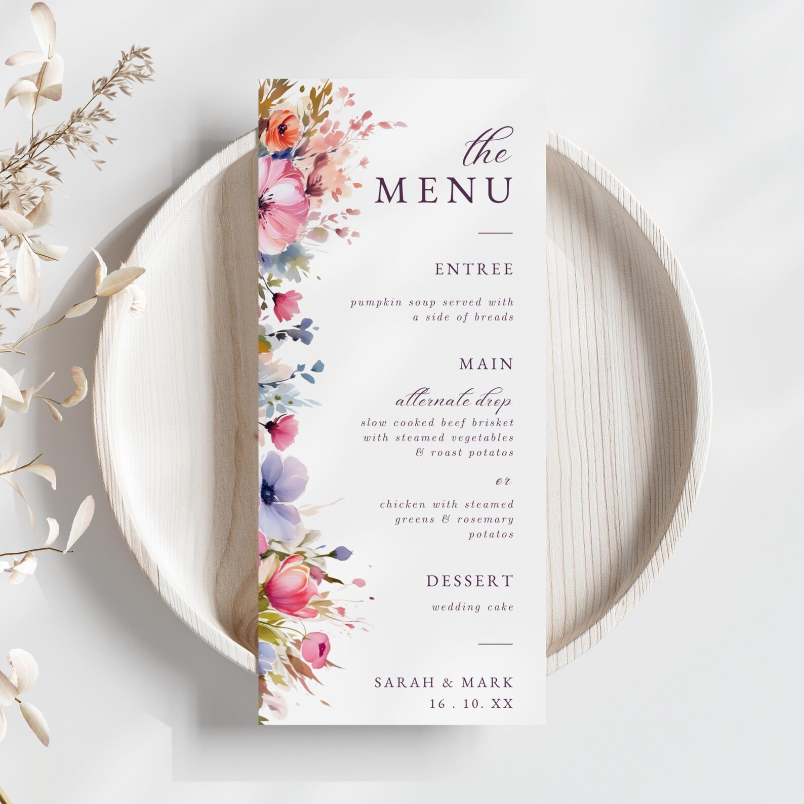 Bright Floral Wedding Menu, INSTANT DOWNLOAD, Menu Template Thin, Menu ...