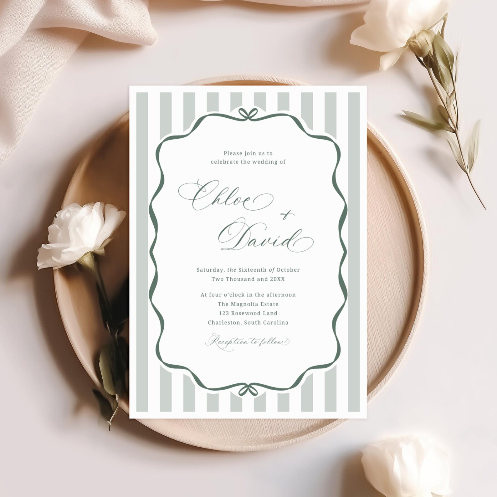 Retro Green Stripes Wedding Invitation, INSTANT DOWNLOAD, Elegant ...