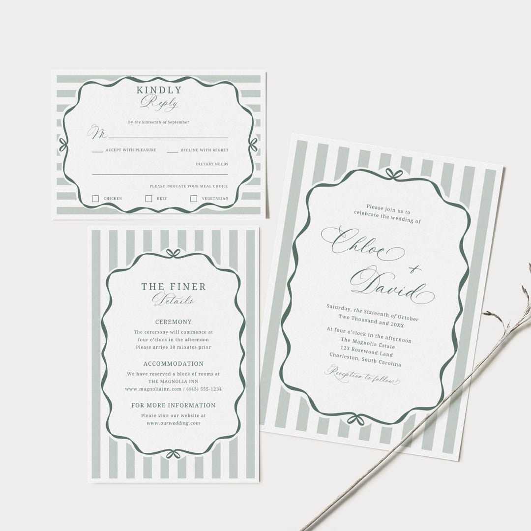 Retro Green Stripes Wedding Invitation Suite, INSTANT DOWNLOAD, Elegant ...