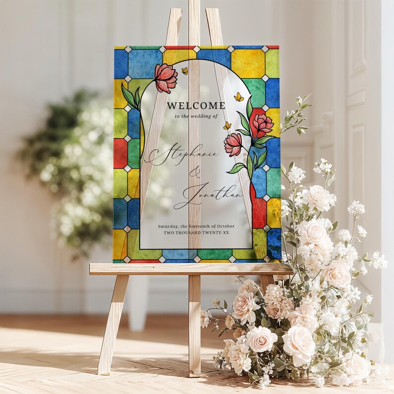 Faux Stained Glass Wedding Sign Template, Floral Arch Pattern ...