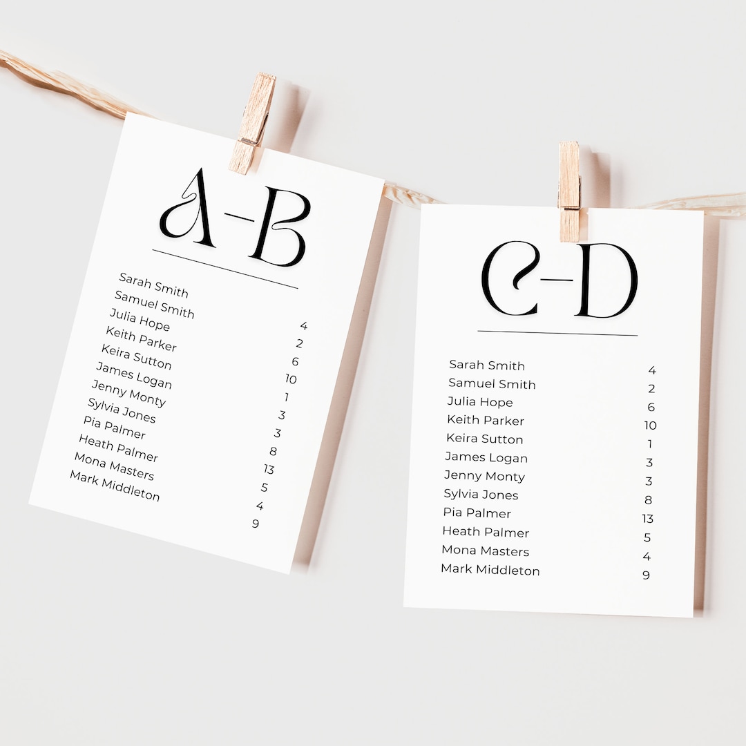 Seating Chart Cards Alphabetical, INSTANT DOWNLOAD, Table Seating Card ...