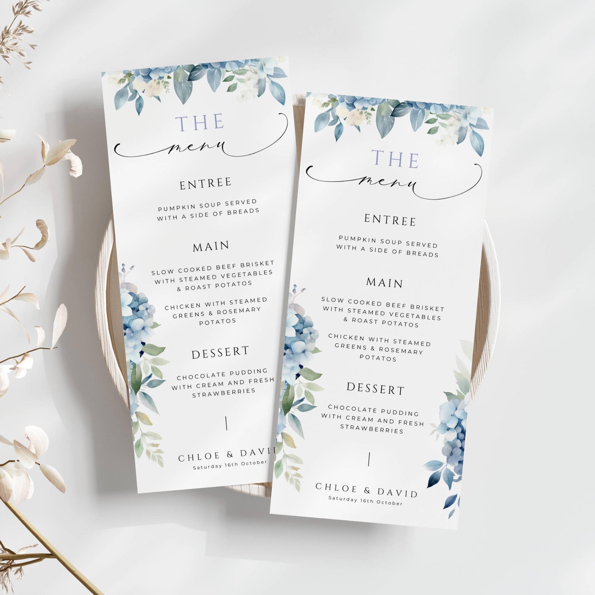 Blue Hydrangea Wedding Menu, INSTANT DOWNLOAD, Dusty Blue Menu Card ...