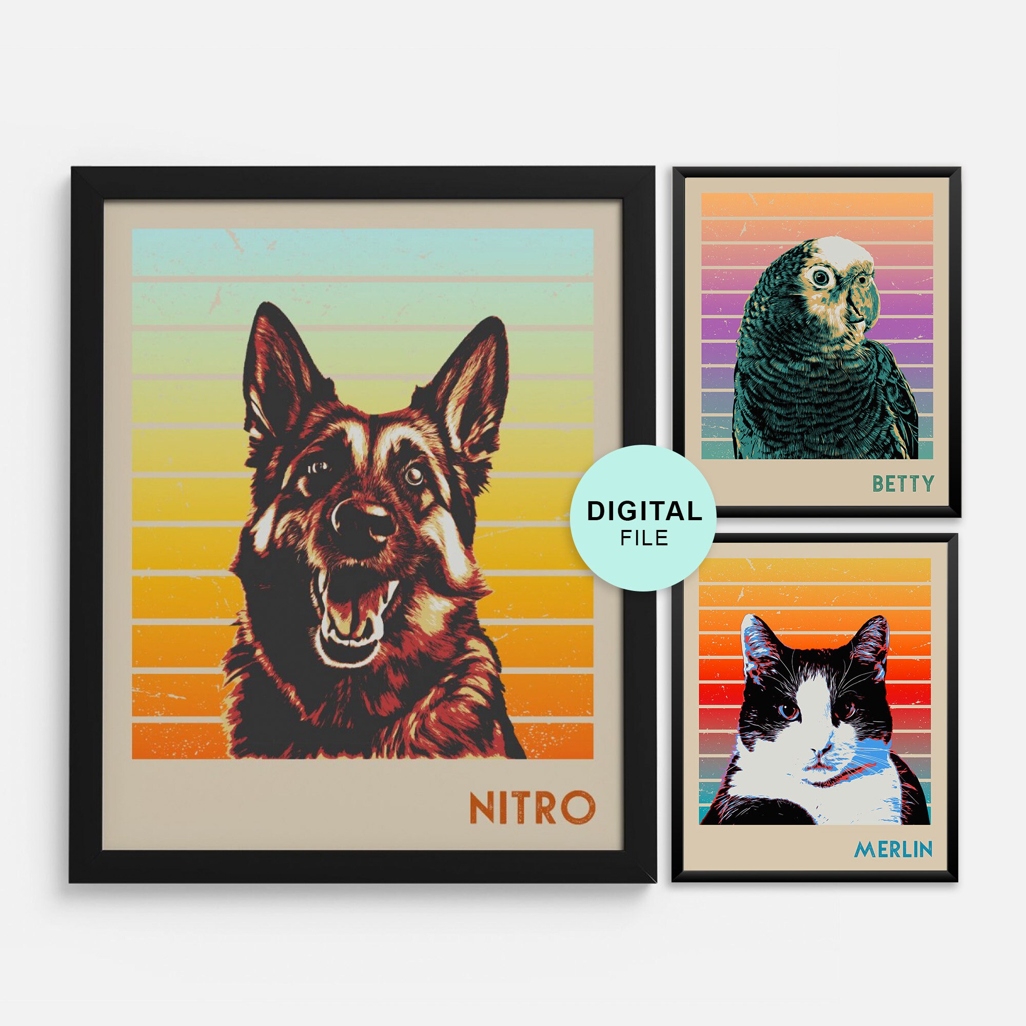 Personalized Pet Portrait, Custom Dog Portrait, Retro Sunset Pet Art ...