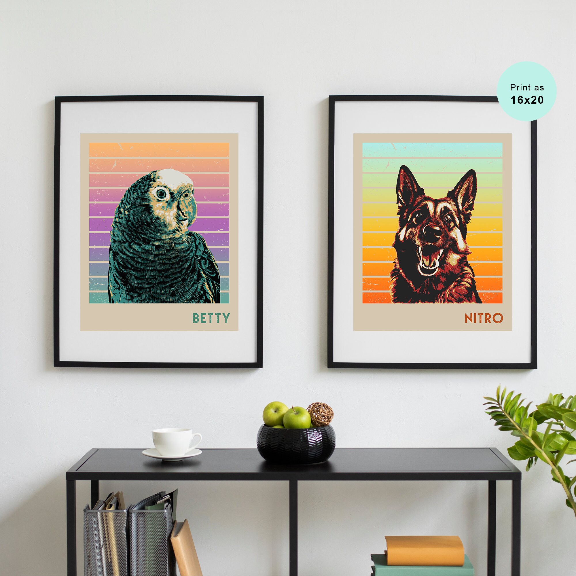 Personalized Pet Portrait, Custom Dog Portrait, Retro Sunset Pet Art ...