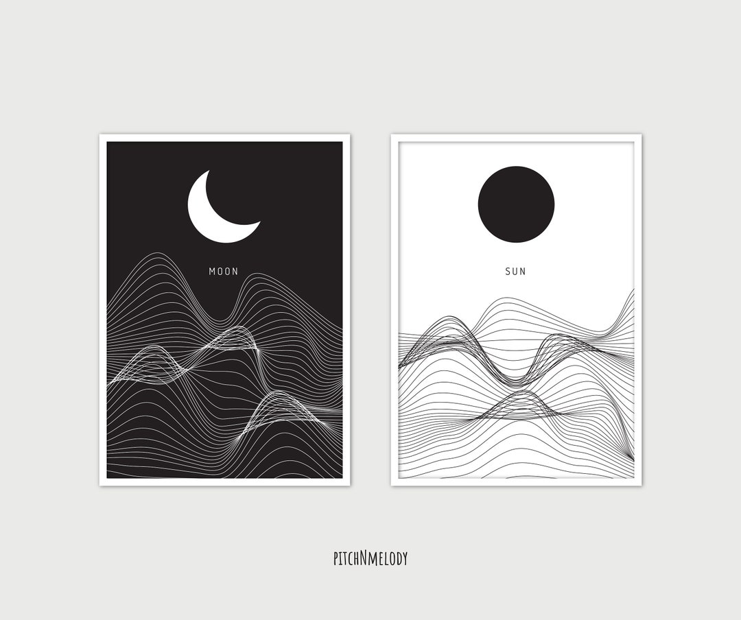 Sun and Moon Black and White Minimalist Line Art Set of 2 - Etsy