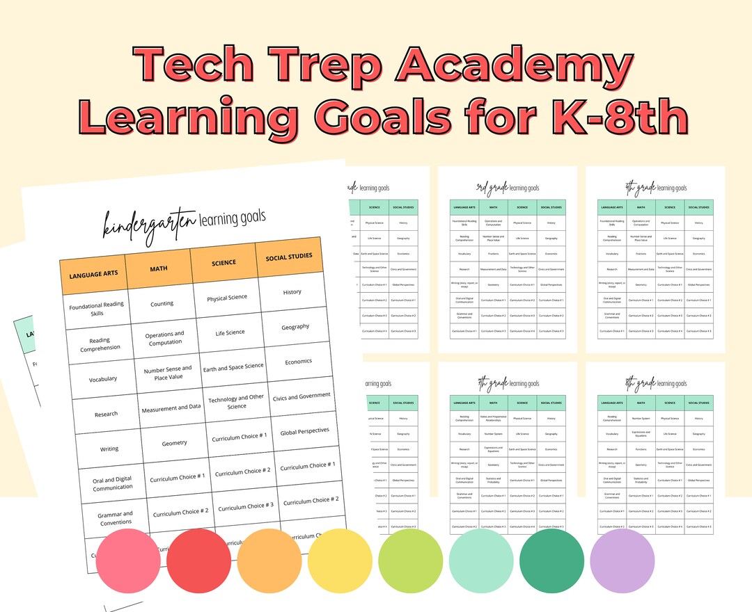 Tech Trep Learning Goal Charts for Grades K-8 in 8 Colors Bonus ...