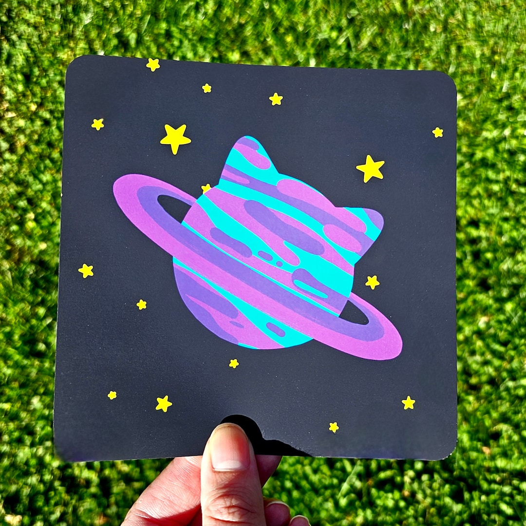 Cat Planet Art Print - Space Cat Mini Print Starry Cat Matte Wall Art ...