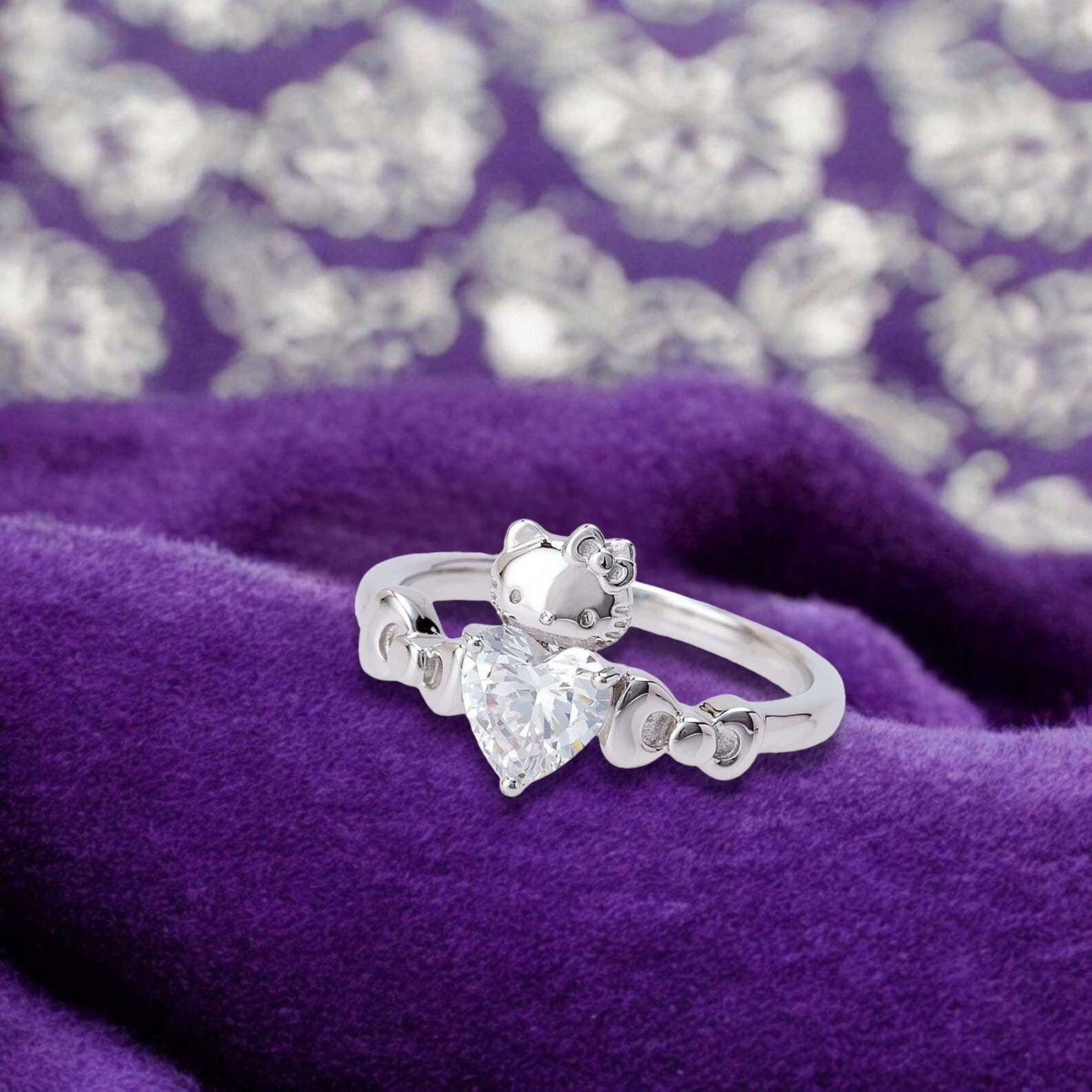 Heart-cut Moissanite Kitty Engagement Ring, 925 Sterling Silver Kitty Ring, Japanese Cartoon ...