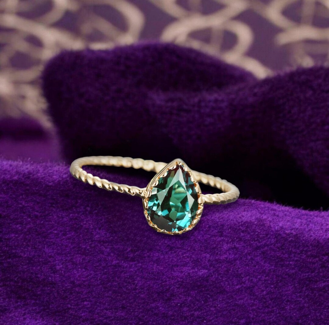Pear Bezel Set Emerald Engagement Ring, 14K Gold Solitaire Milgrain ...