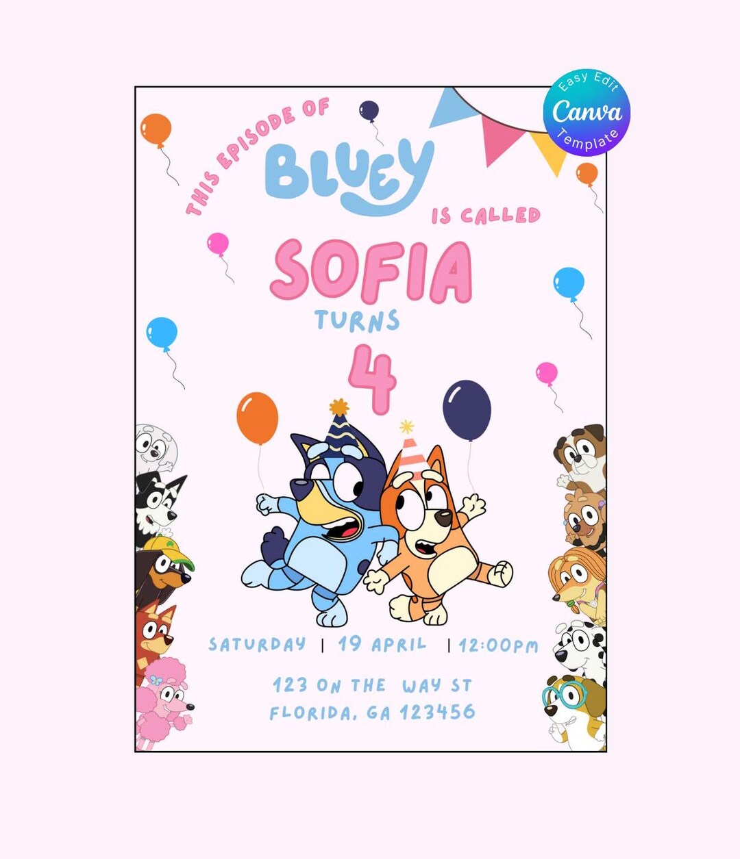 Bluey & Bingo Birthday Invitation - Pink (girl Version) - Editable ...