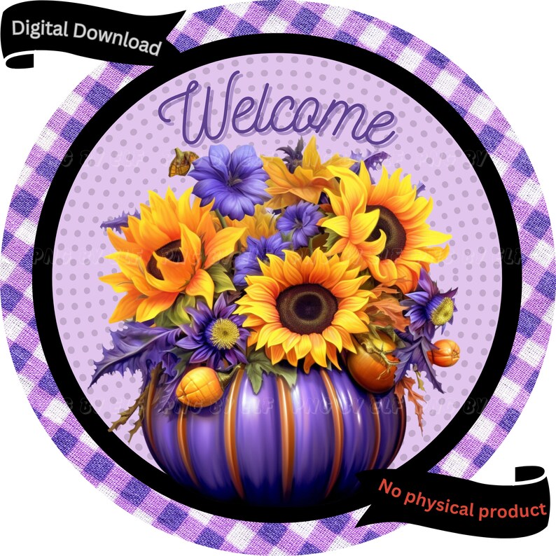 Purple Welcome Signs With Sunflowers, PNG Round Sign, Wreath Sign ...