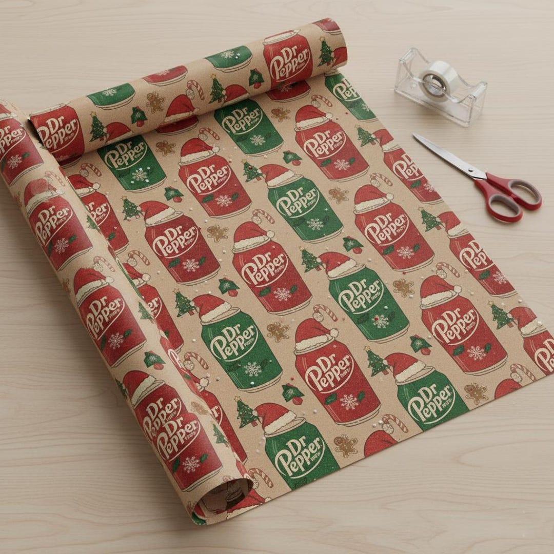 Dr Pepper Christmas Wrapping Paper, Santa Hat Soda Cans Holiday Gift ...