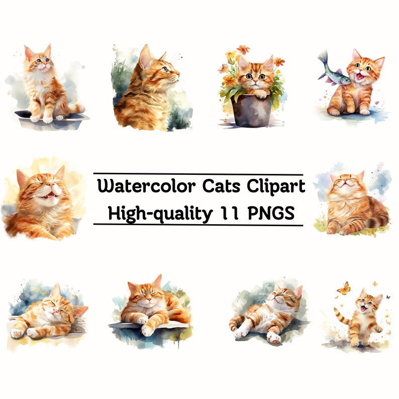 Watercolor Cats Clipart Whimsical Watercolor Cats Digital Art ...