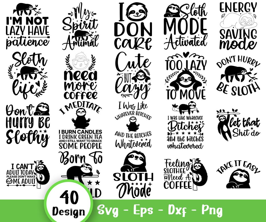 Funny Sloth Svg Bundle, Sloth Png, Sloth Clipart, Cute Sloth Svg, Baby ...