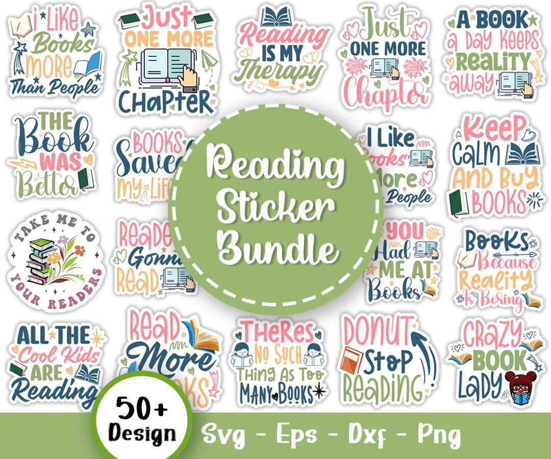 Reading Sticker Bundle PNG SVG, Book Lover Svg, Floral Book Sticker Svg ...