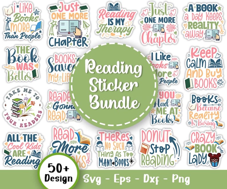 Reading Sticker Bundle PNG SVG, Book Lover Svg, Floral Book Sticker Svg ...