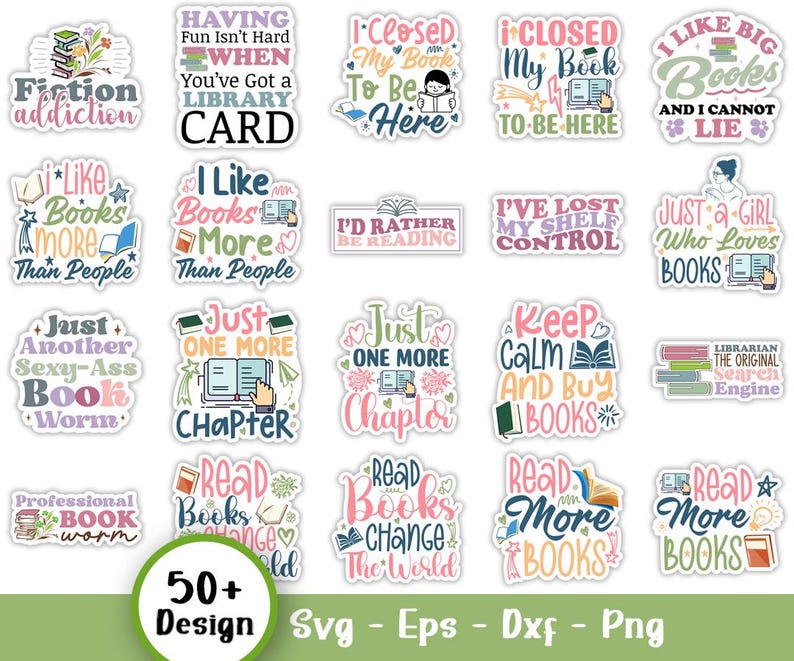 Reading Sticker Bundle PNG SVG, Book Lover Svg, Floral Book Sticker Svg ...