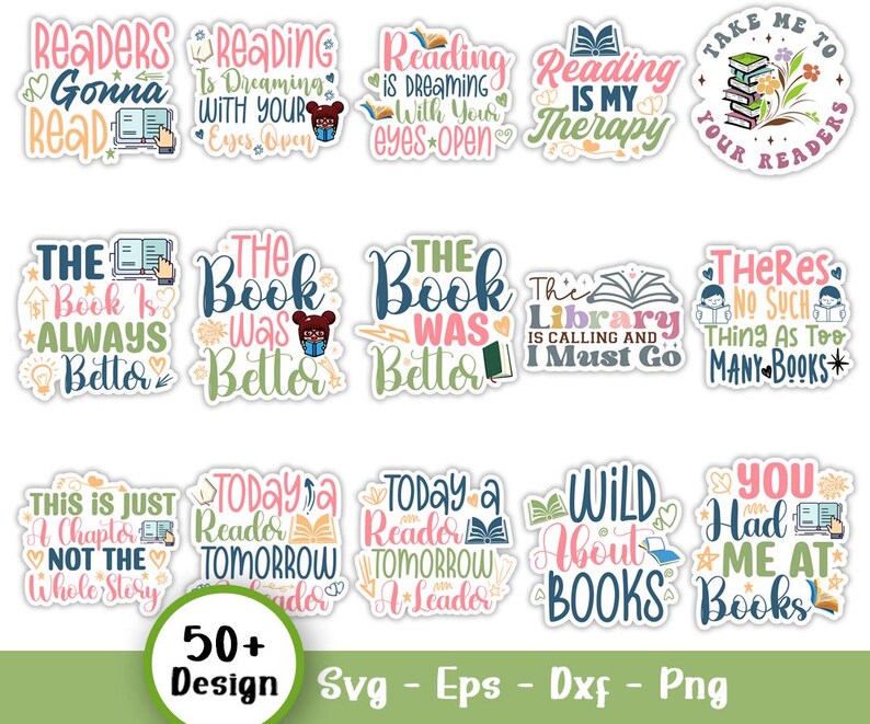 Reading Sticker Bundle PNG SVG, Book Lover Svg, Floral Book Sticker Svg ...