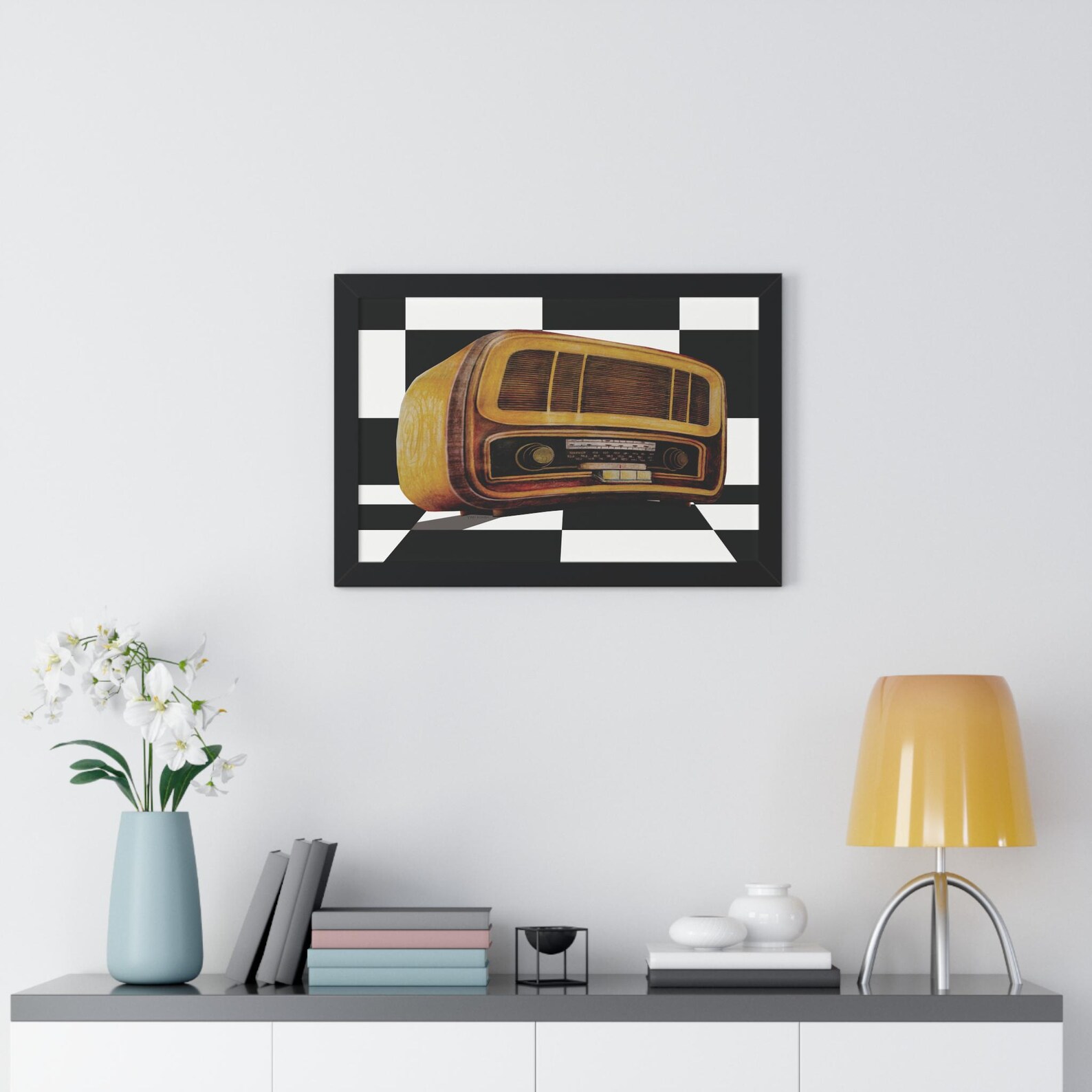 Vintage Radio Wall Art: 70s Inspired Framed Painting on Retro Black and ...
