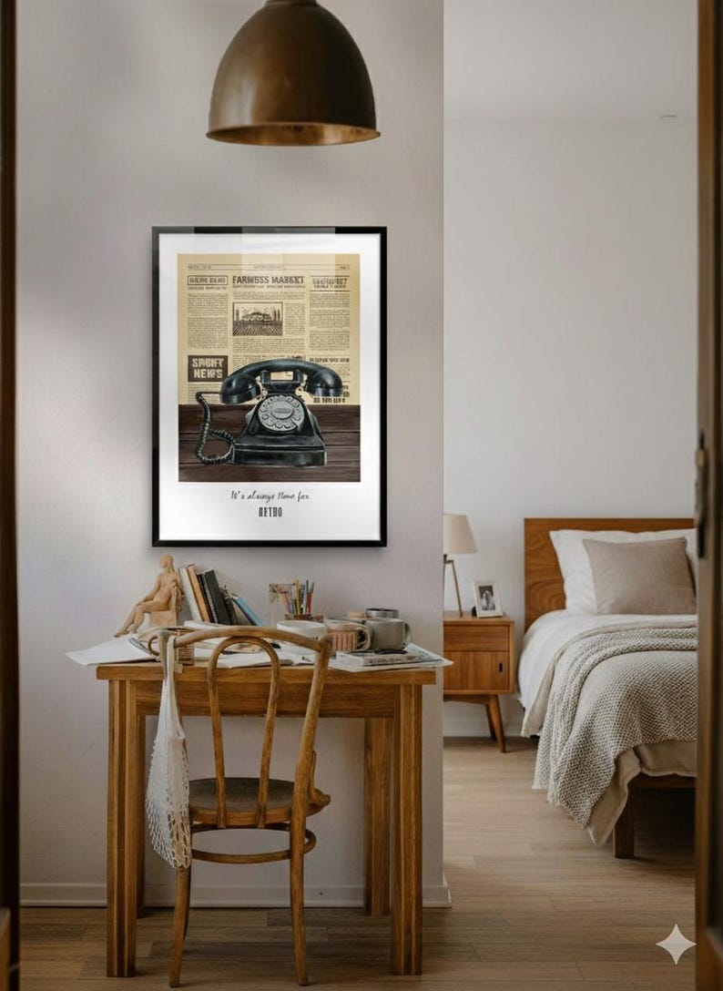 Retro Rotary Phone Art Print, Vintage Newspaper Style, Mid Century ...