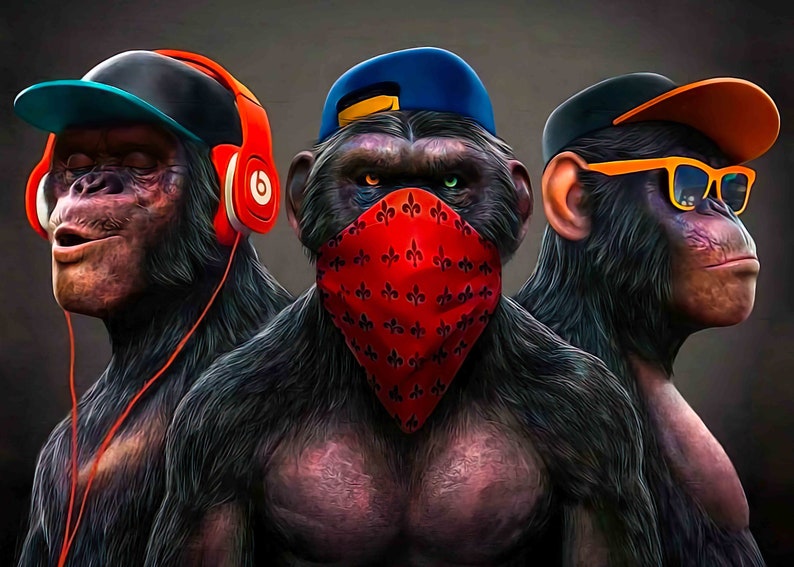 Three Wise Monkeys Art, Monkey Art Poster, Modern Wall Decor, Monkey ...