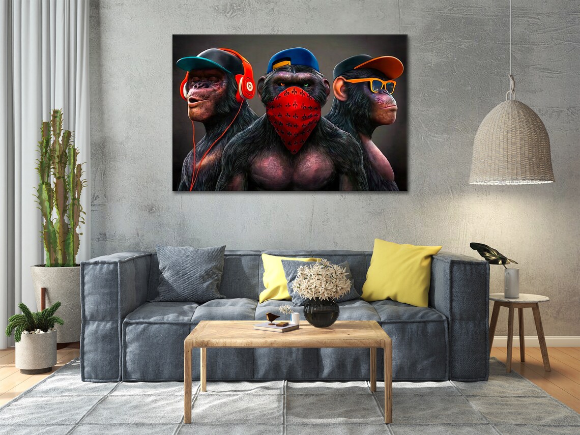 Three Wise Monkeys Art, Monkey Art Poster, Modern Wall Decor, Monkey Canvas Art, 3 Gorilla ...