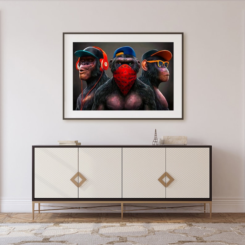 Three Wise Monkeys Art, Monkey Art Poster, Modern Wall Decor, Monkey ...