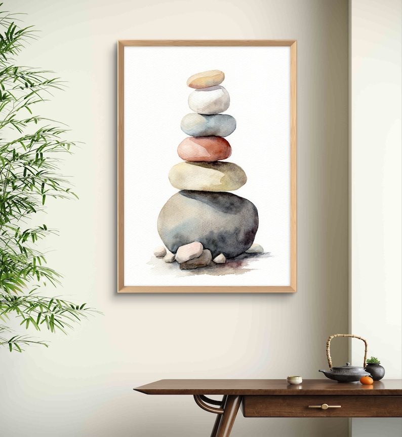 Balancing Stones Watercolor Print Stacked Stones Art Earth Tone Poster ...