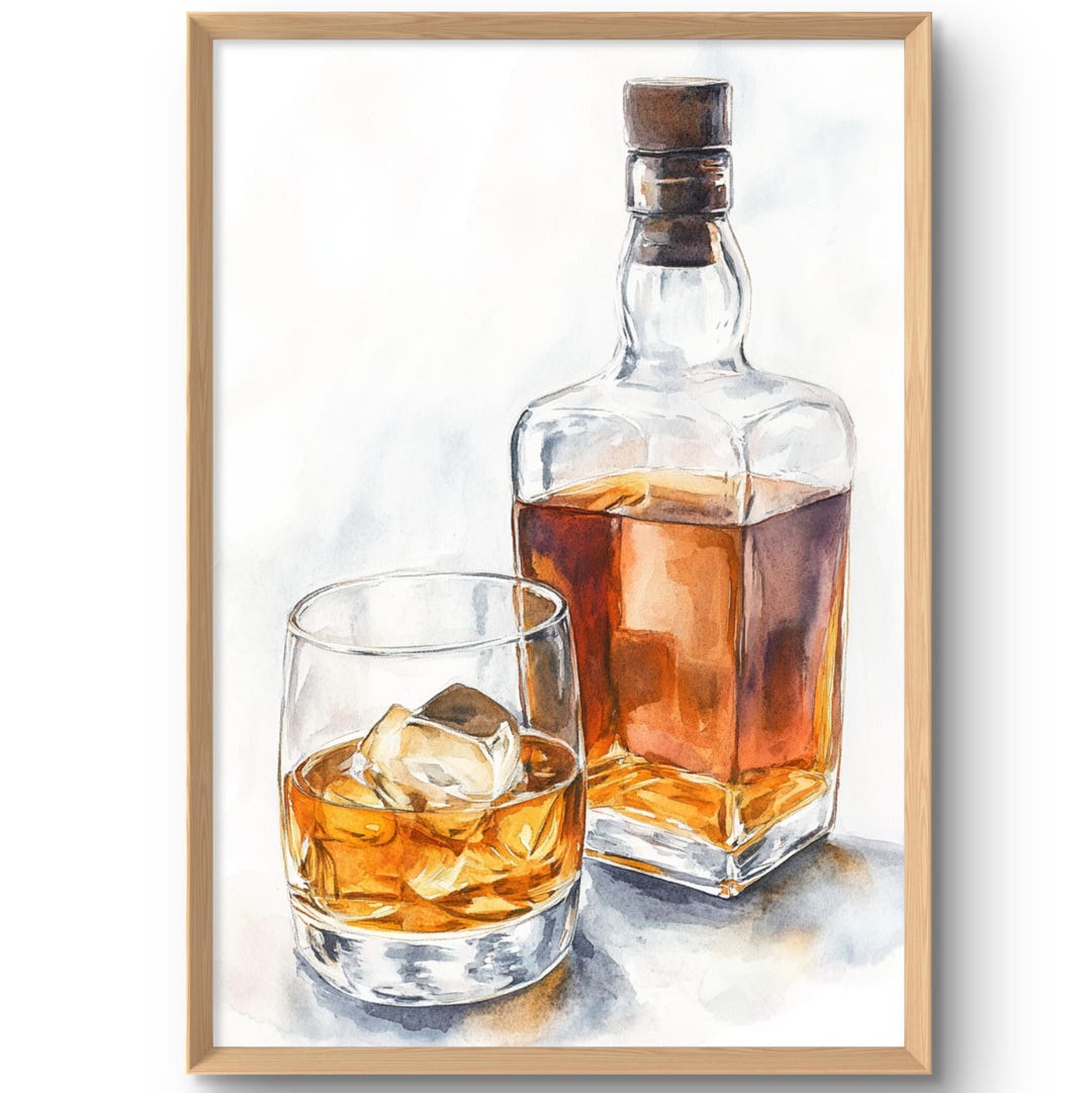 Whiskey Art Print Bottle Alcohol Drink Wall Art Old Fashioned Drink ...