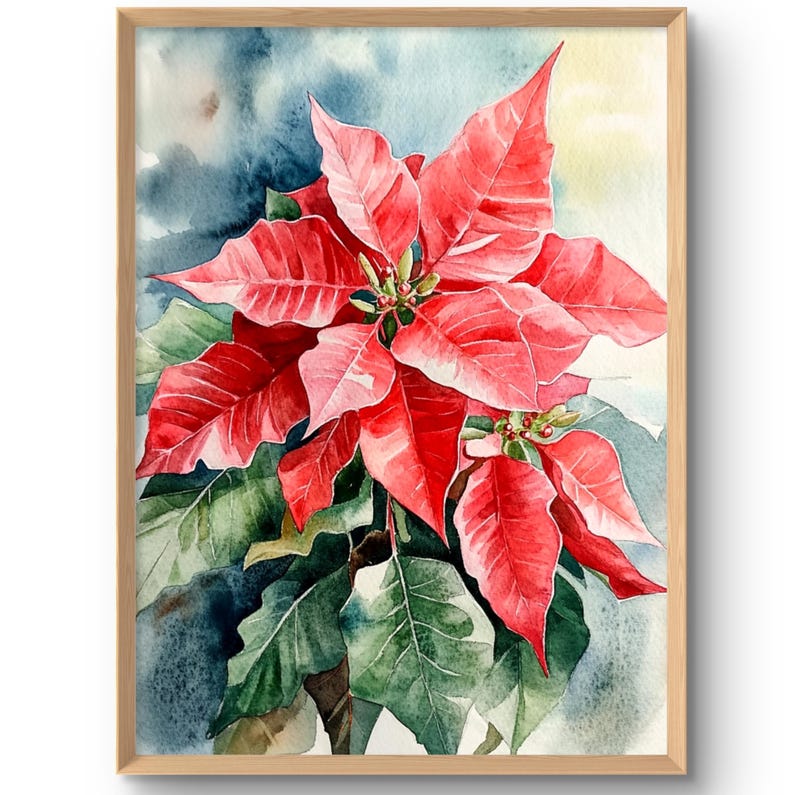 Christmas Flower Art Print Poinsettia Painting Watercolor Floral Wall ...
