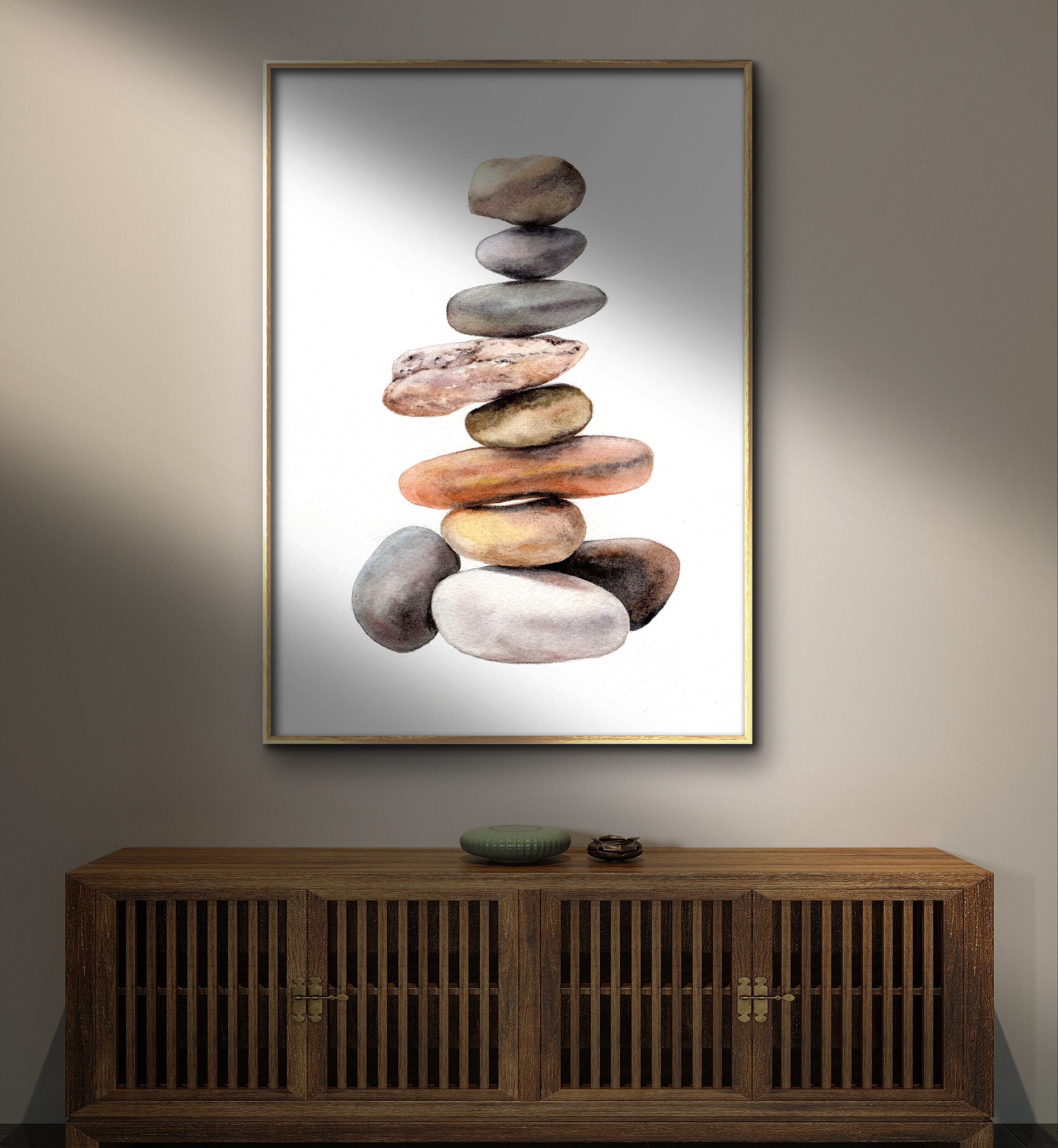 Stacked Stones Art, Earth Tone Print Balancing Stones Watercolor Poster ...