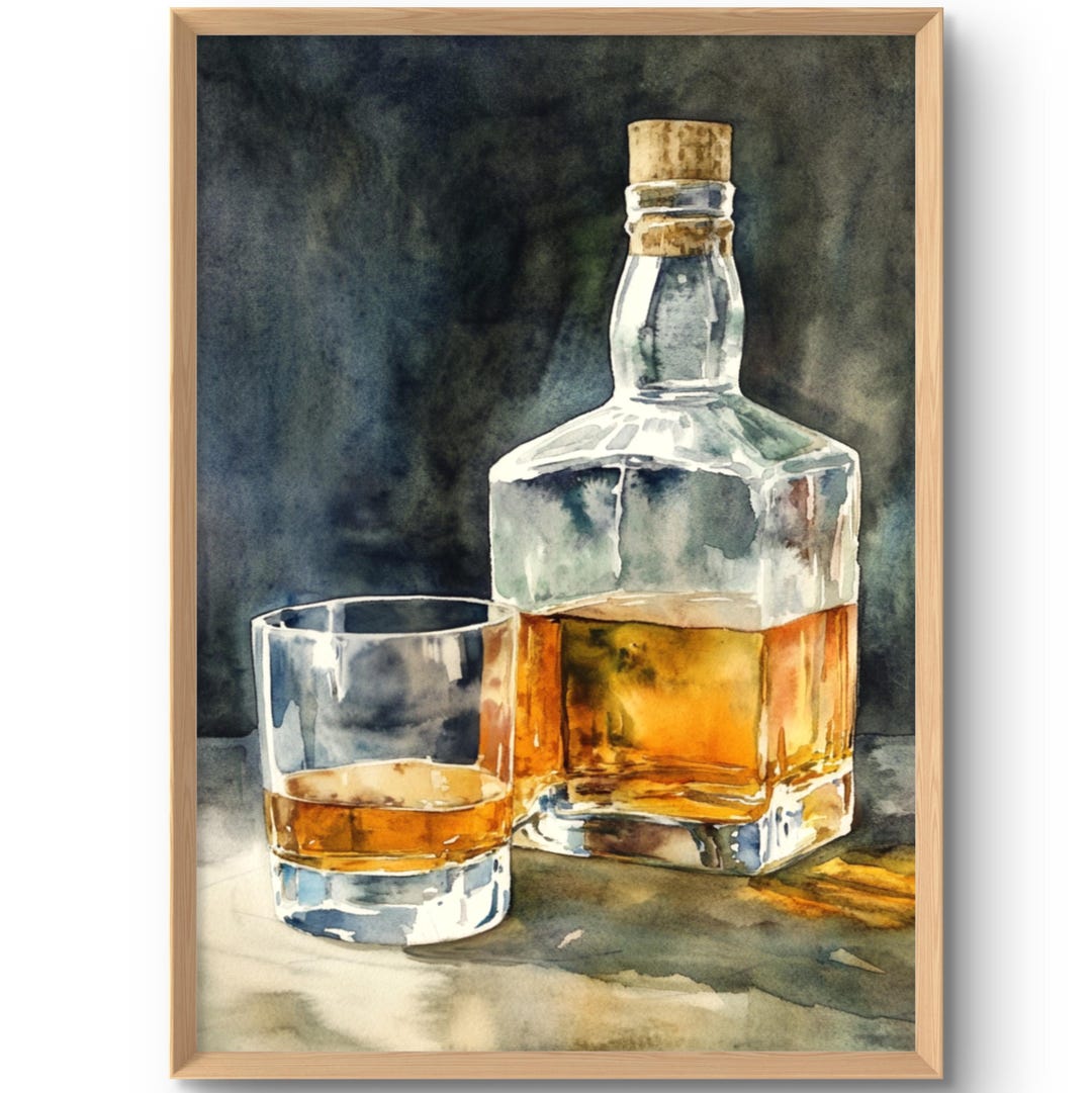 Whiskey Bottle Art Print Alcohol Drink Watercolor Style Old Fashioned ...