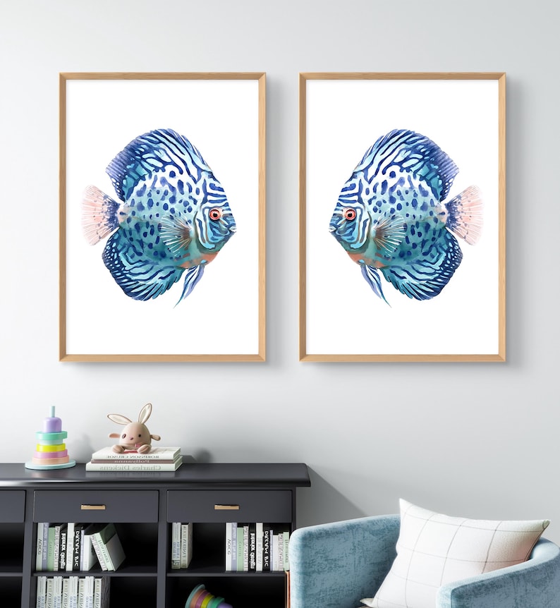 Discus Fish Set of 2 Prints, Blue Tropical Fish Wall Art, Coastal Decor ...